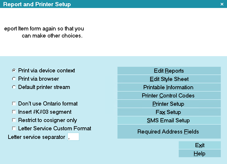 Report And Printer Setup Collect Help